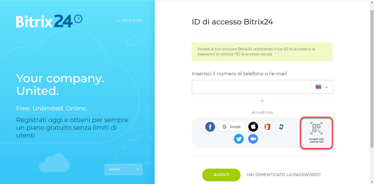 Accedere a Bitrix24 utilizzando il codice QR